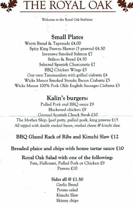 Menu at The Royal Oak pub & bar, Chessington, 261 Ewell Road