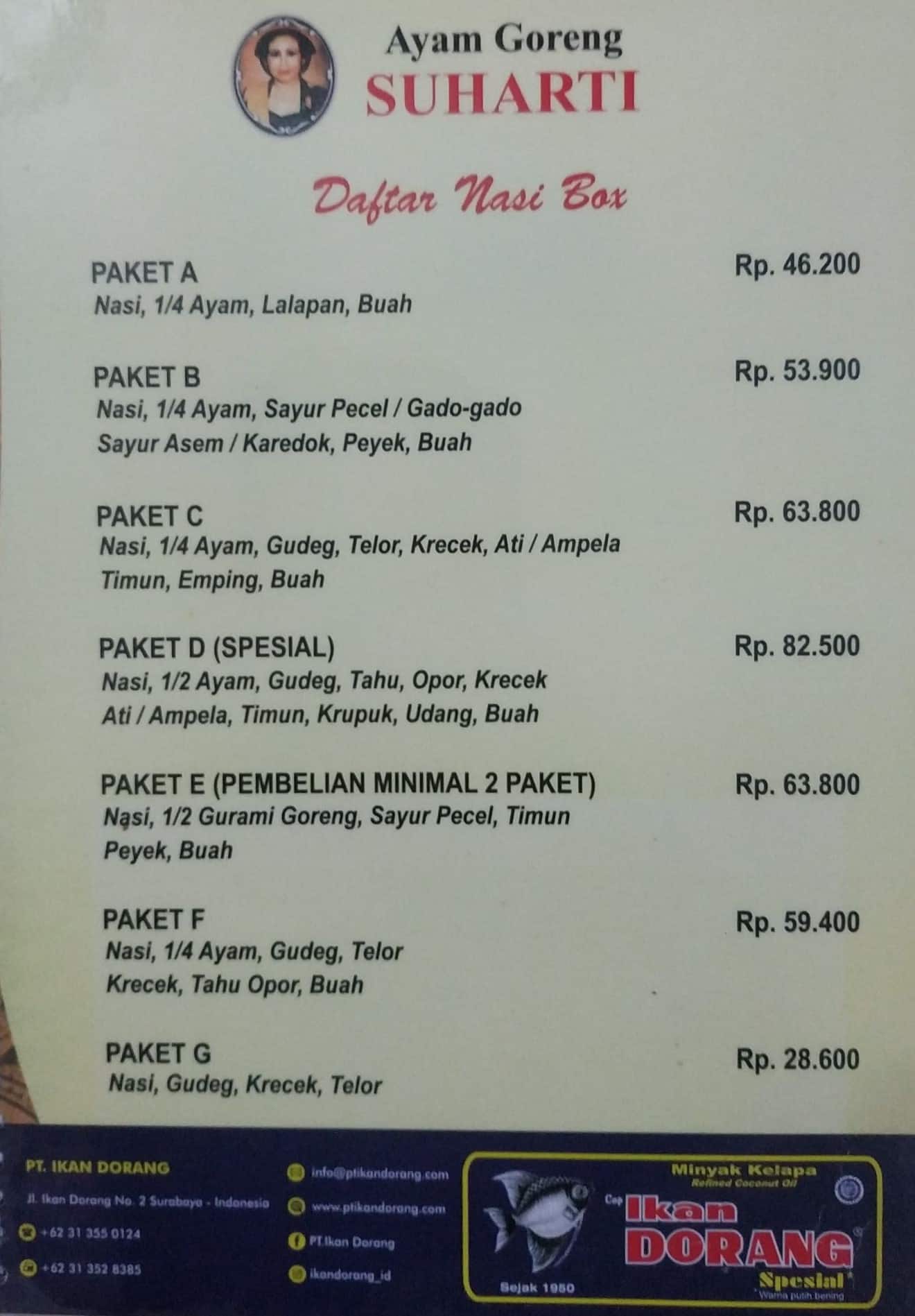 Menu at Ayam Goreng Suharti restaurant, Jakarta, Jl. Dewi Sartika No.237