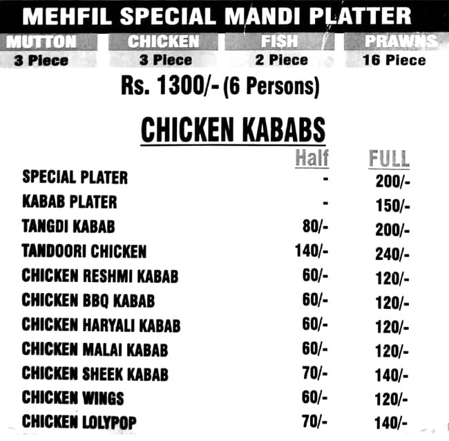 Menu at Mehfil Mandi House, Hyderabad