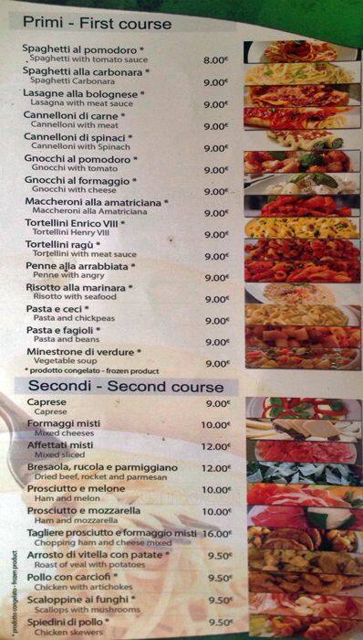 Menu at Pizzeria Vineria, Rome