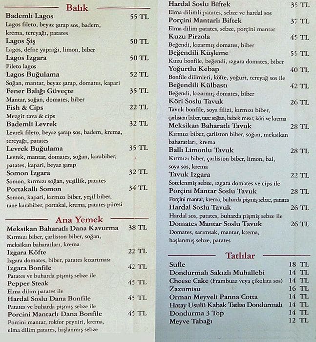 Menu at Zazu, Bodrum