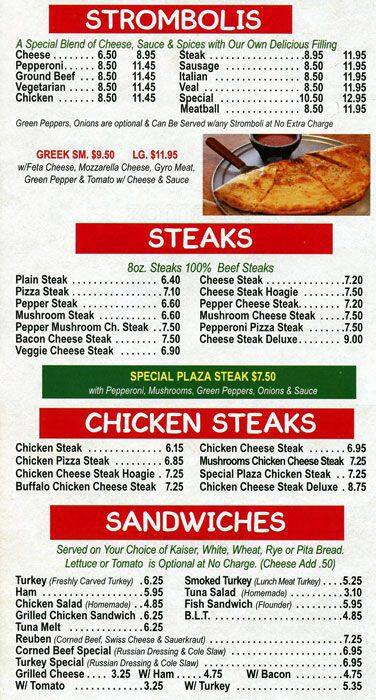 Menu at Plaza Pizza pizzeria, Philadelphia, 337 Spring Garden St
