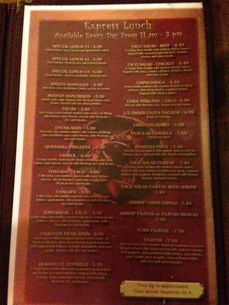 Menu at El Potrillo restaurant, Lafayette, Moss St