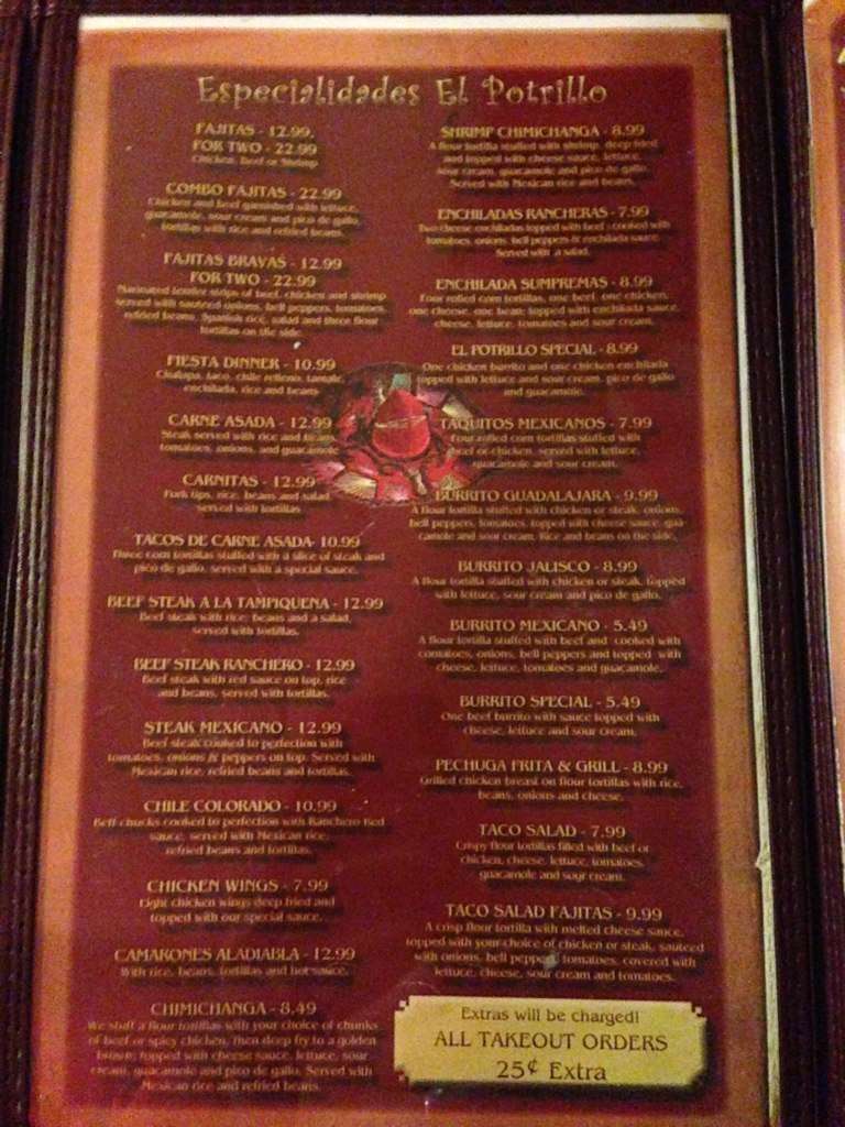 Menu at El Potrillo Mexican Restaurant & Grill, Lafayette, Moss St