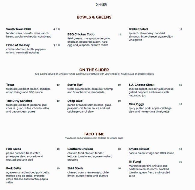 Menu at Sangria on the Burg BBQ, San Antonio