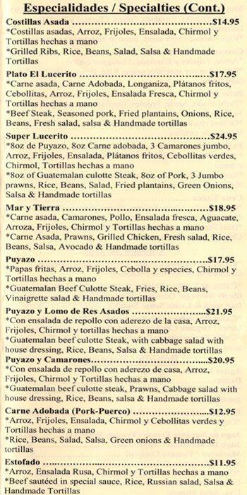 Menu at El Lucerito restaurant, San Rafael
