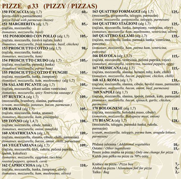 Menu at Pizza Trattoria pizzeria, Poděbrady