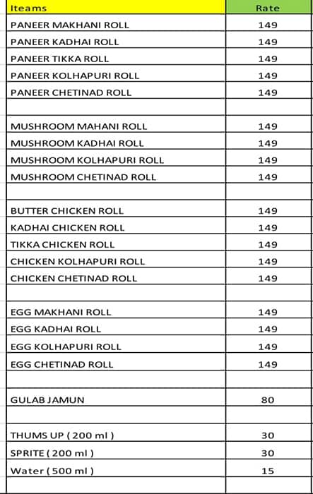 Menu of Meal Roll, Near Andheri East Station, Mumbai