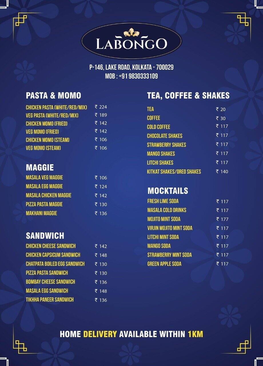 Menu at Cafe Labongo, Kolkata