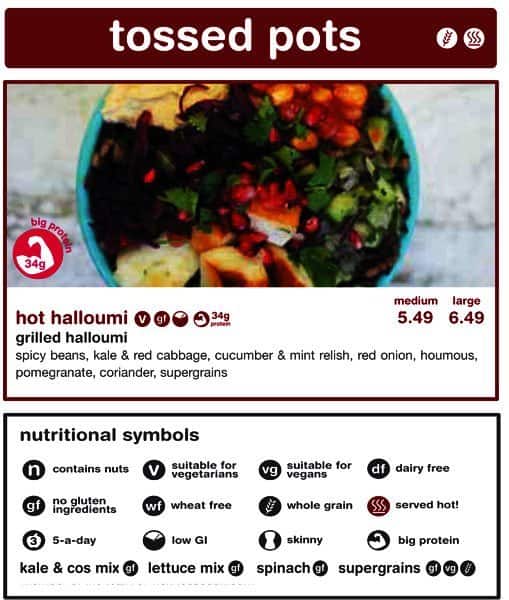 Menu at Tossed fast food, London, 131 Clerkenwell Road