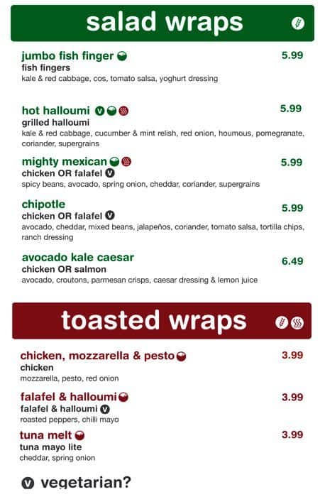 Menu at Tossed fast food, London, 131 Clerkenwell Road
