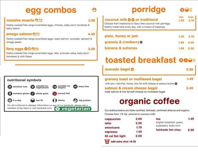 Menu at Tossed fast food, London, 131 Clerkenwell Road