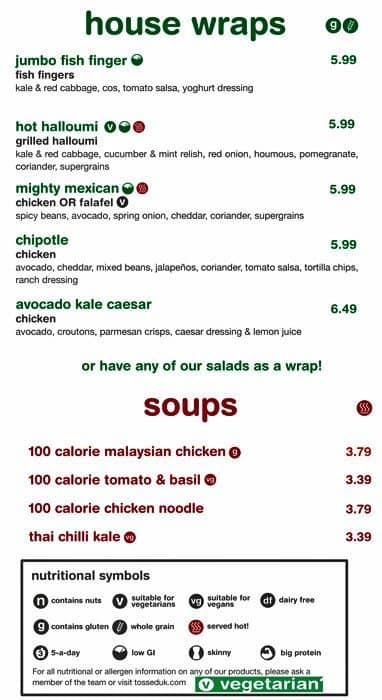 Menu at Tossed fast food, London, 131 Clerkenwell Road