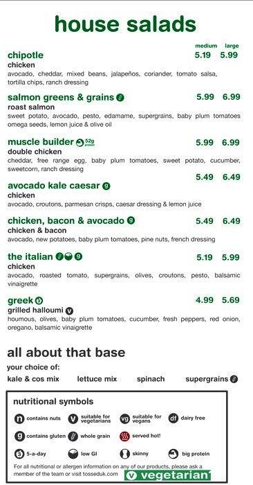 Menu at Tossed fast food, London, 131 Clerkenwell Road