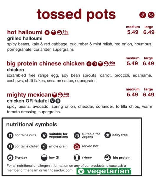 Menu at Tossed fast food, London, 131 Clerkenwell Road