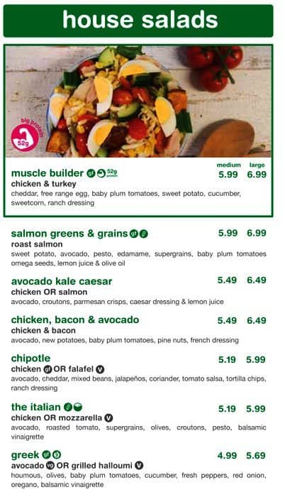 Menu at Tossed fast food, London, 131 Clerkenwell Road