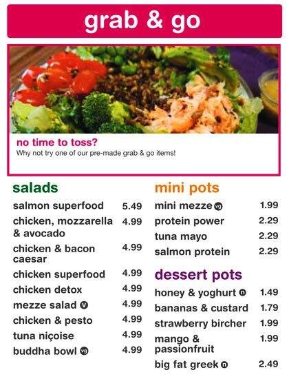 Menu at Tossed fast food, London, 131 Clerkenwell Road