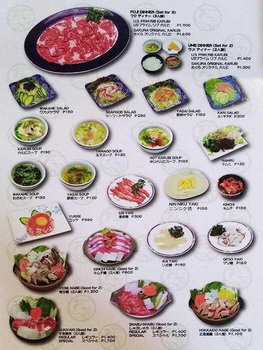 Menu at Yakiniku Sakura restaurant, Makati, Arnaiz Avenue