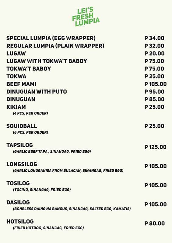 Menu at Lei Fresh Lumpia restaurant, Quezon City