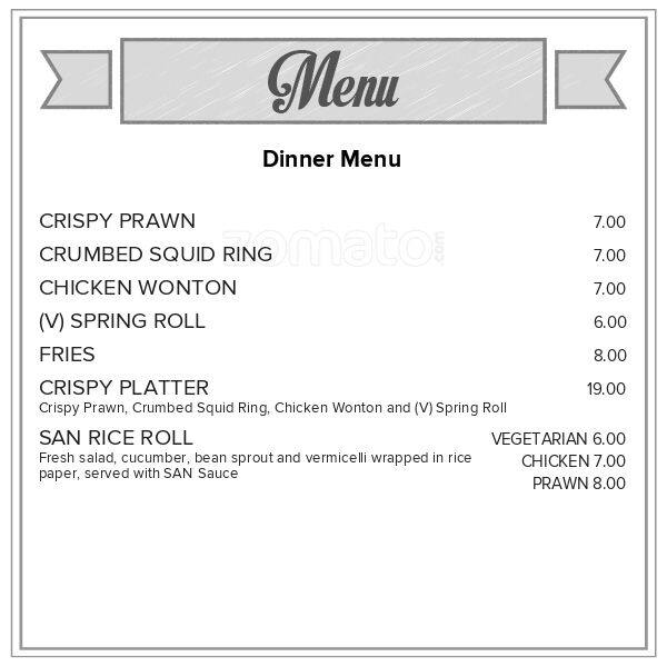 San Restaurant Menu, Menu for San Restaurant, Dunedin Central, Dunedin ...
