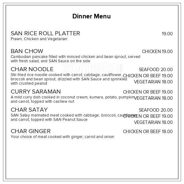 Menu at San Restaurant, Dunedin