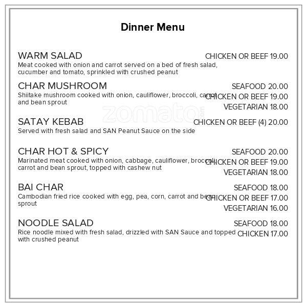 Menu at San Restaurant, Dunedin