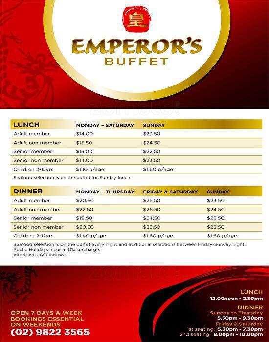 Emperor's Buffet menu, Menu restauracji Emperor's Buffet, Cabramatta ...