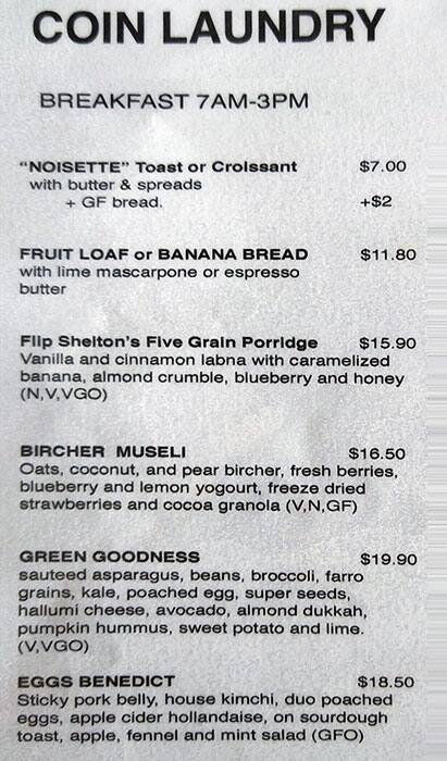 Menu at Coin Laundry Cafe, Armadale
