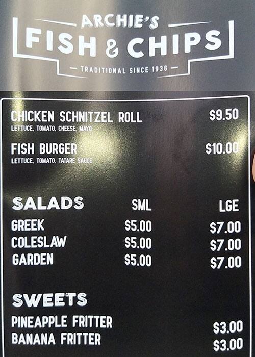 Menu at Archie's Fish And Chips restaurant, Mount Waverley