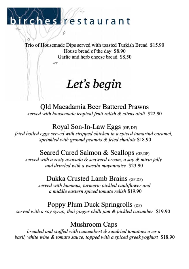 Menu at Birches Restaurant, Mount Mee