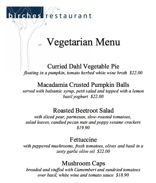 Menu at Birches Restaurant, Mount Mee