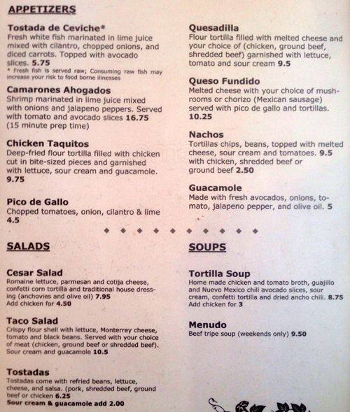 Mexican Villa Comida Menu