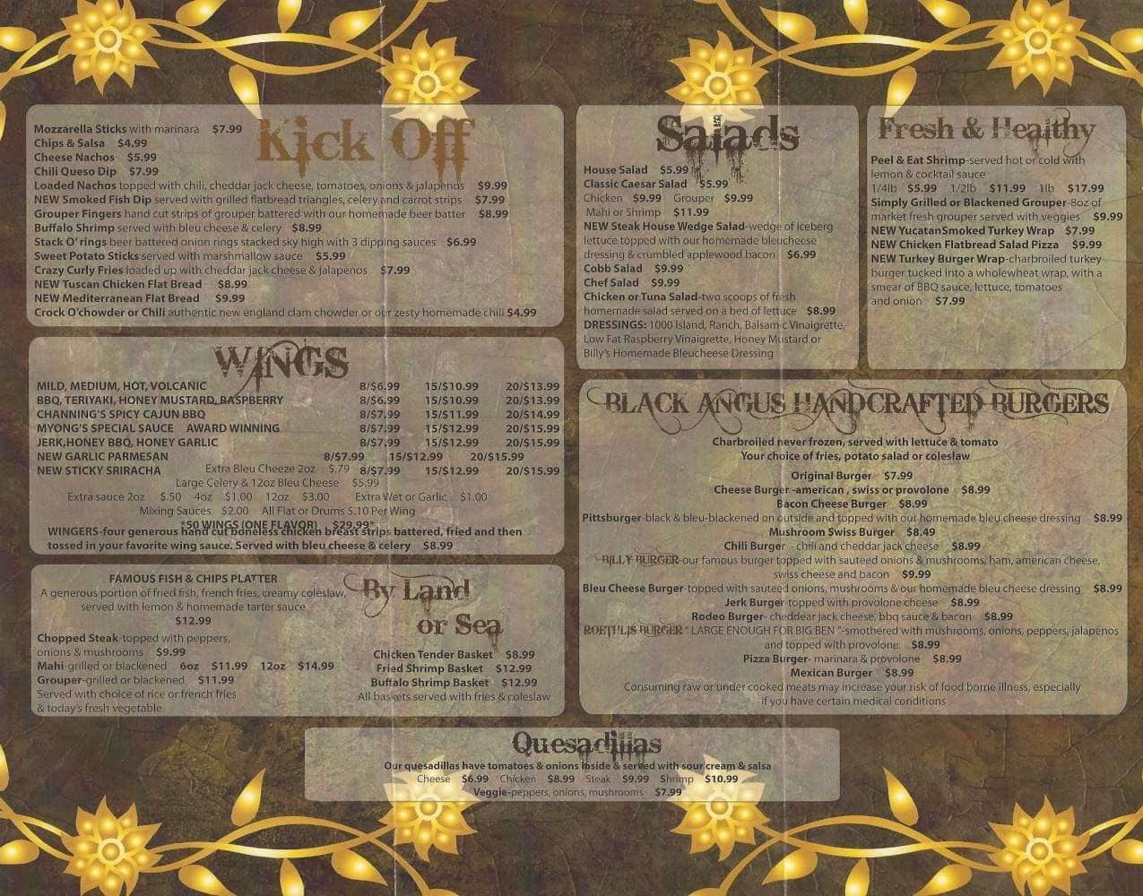 Menu at Billy's Tavern pub & bar, Davie