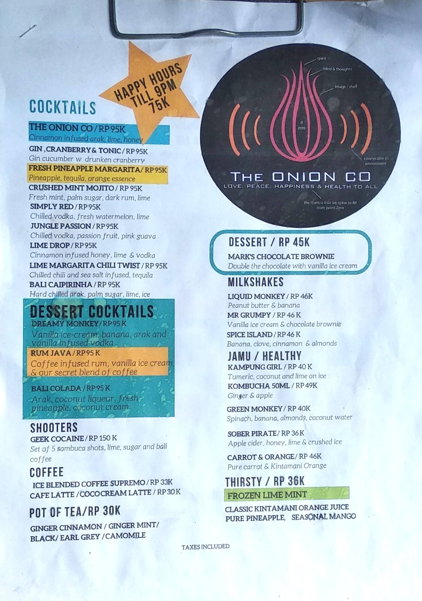 Menu at The Onion Co & Popo's Restaurant, Ubud