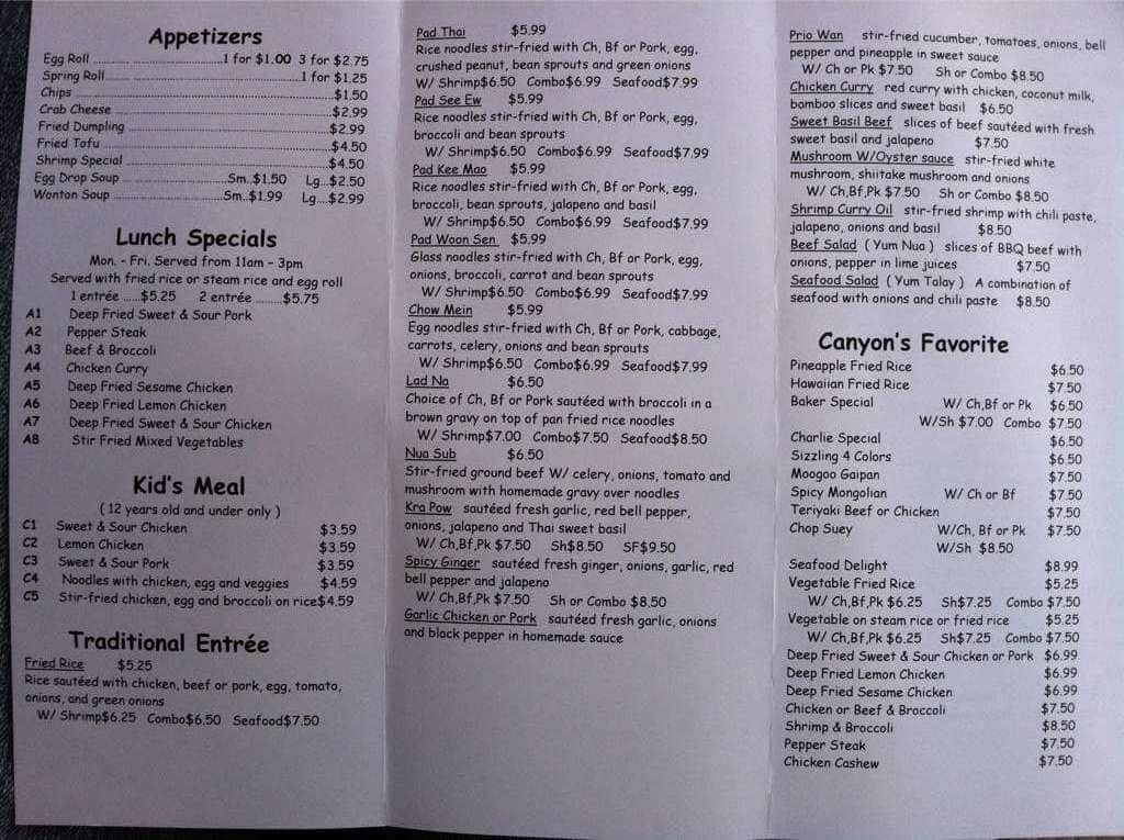 Menu at Best Thai Restaurant, Canyon