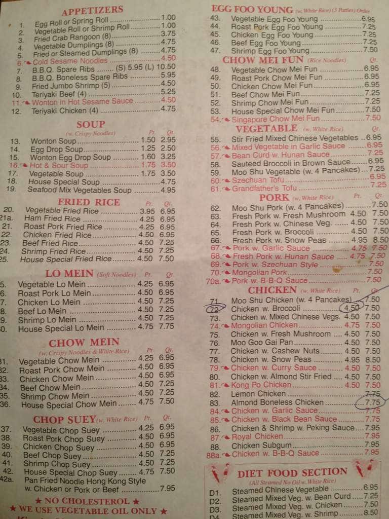 Menu at King's Chef restaurant, Sylvania