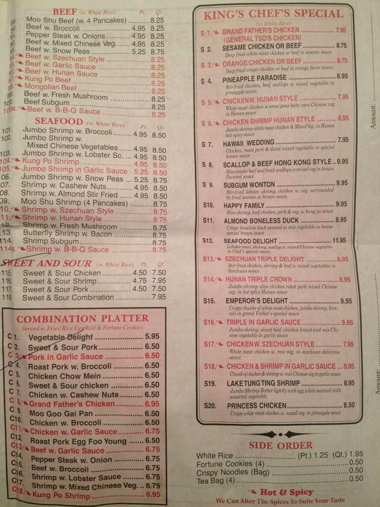 Menu at King's Chef restaurant, Sylvania