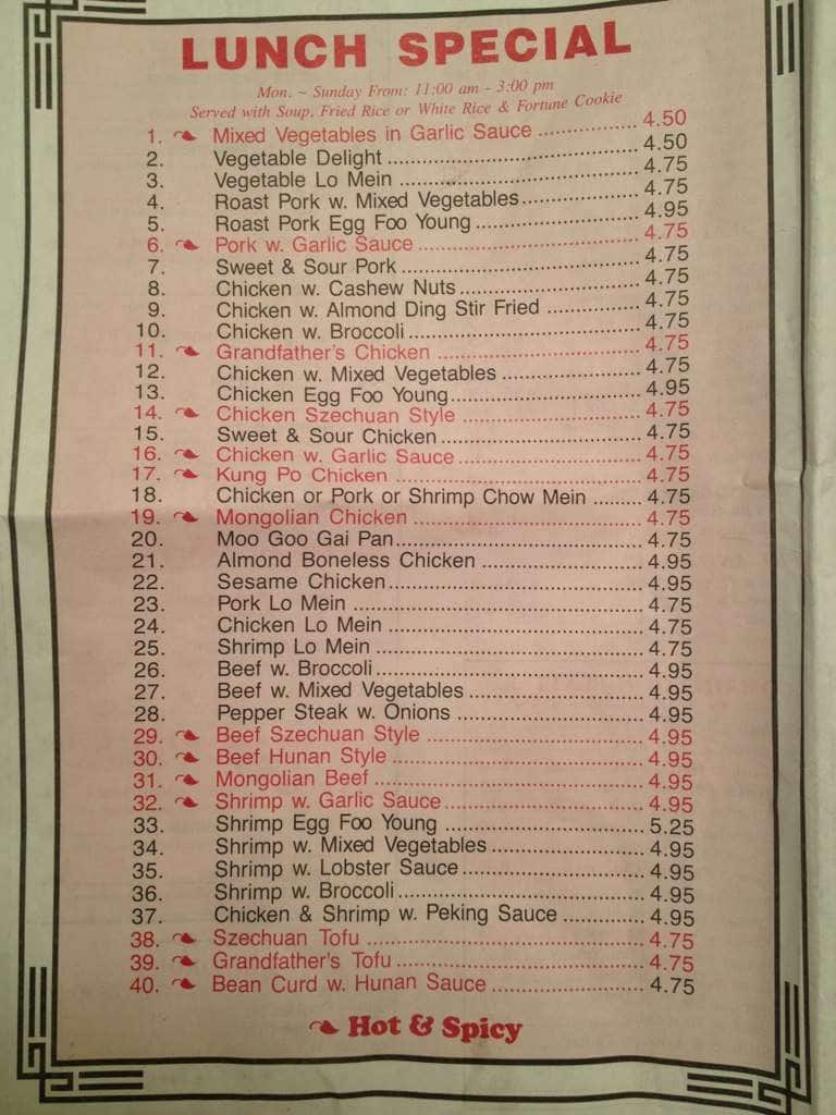 Menu at King's Chef restaurant, Sylvania