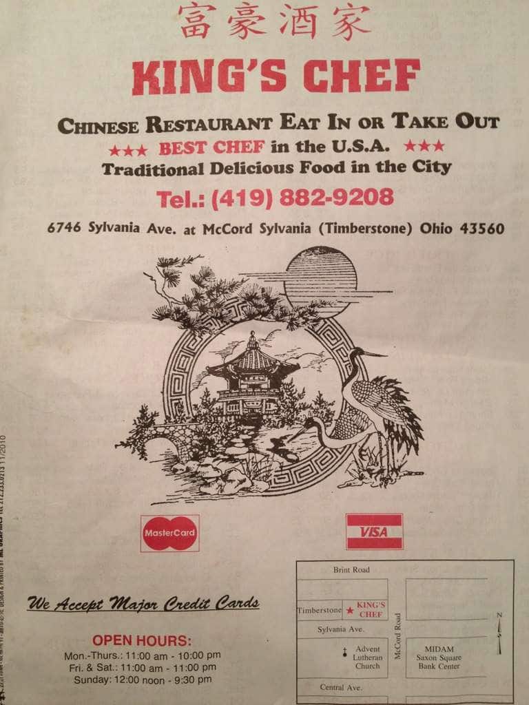 Menu at King's Chef restaurant, Sylvania