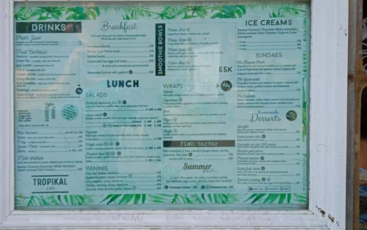 Menu at Tropikal cafe, Purwakerti