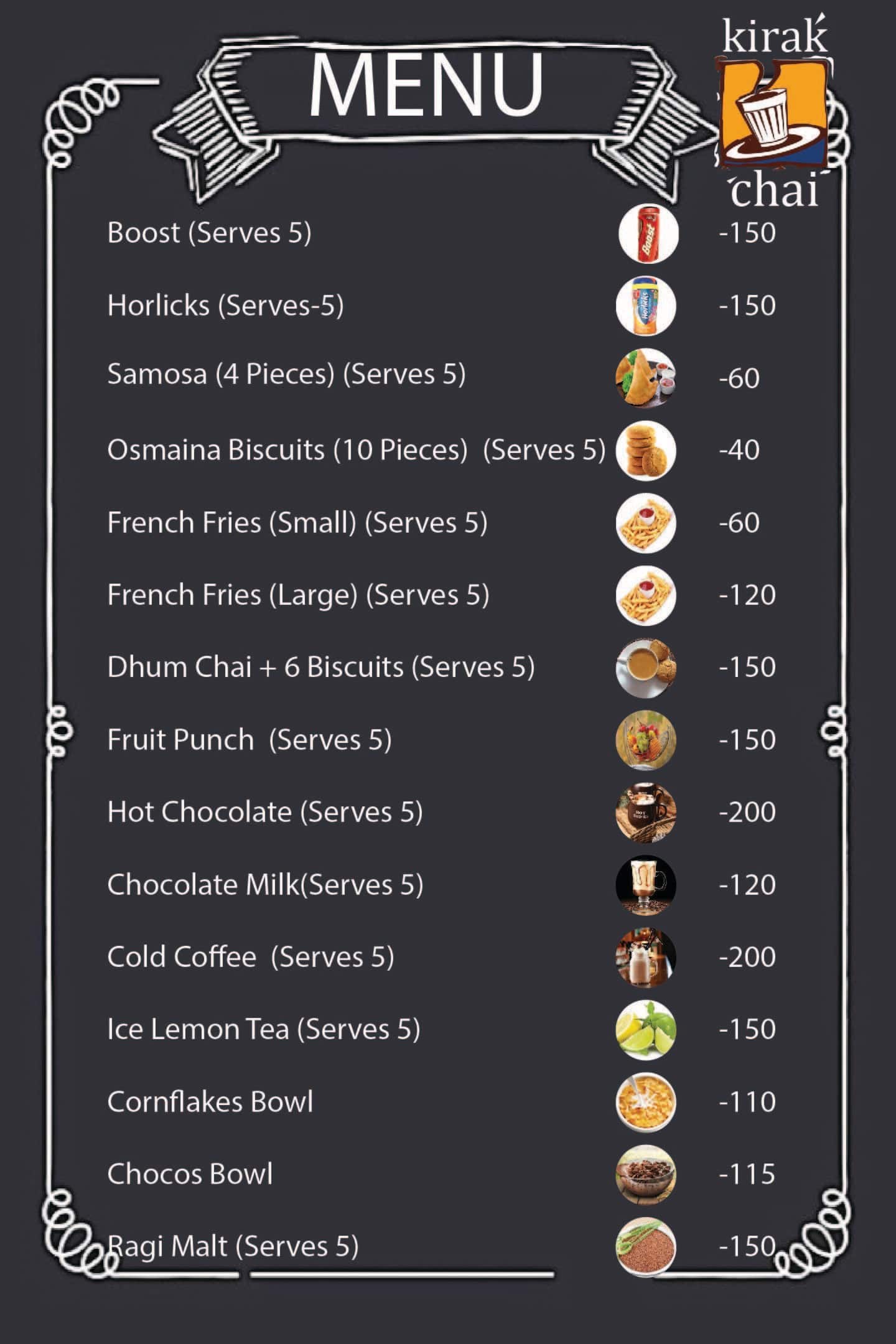 Menu at Kirak chai, Hyderabad