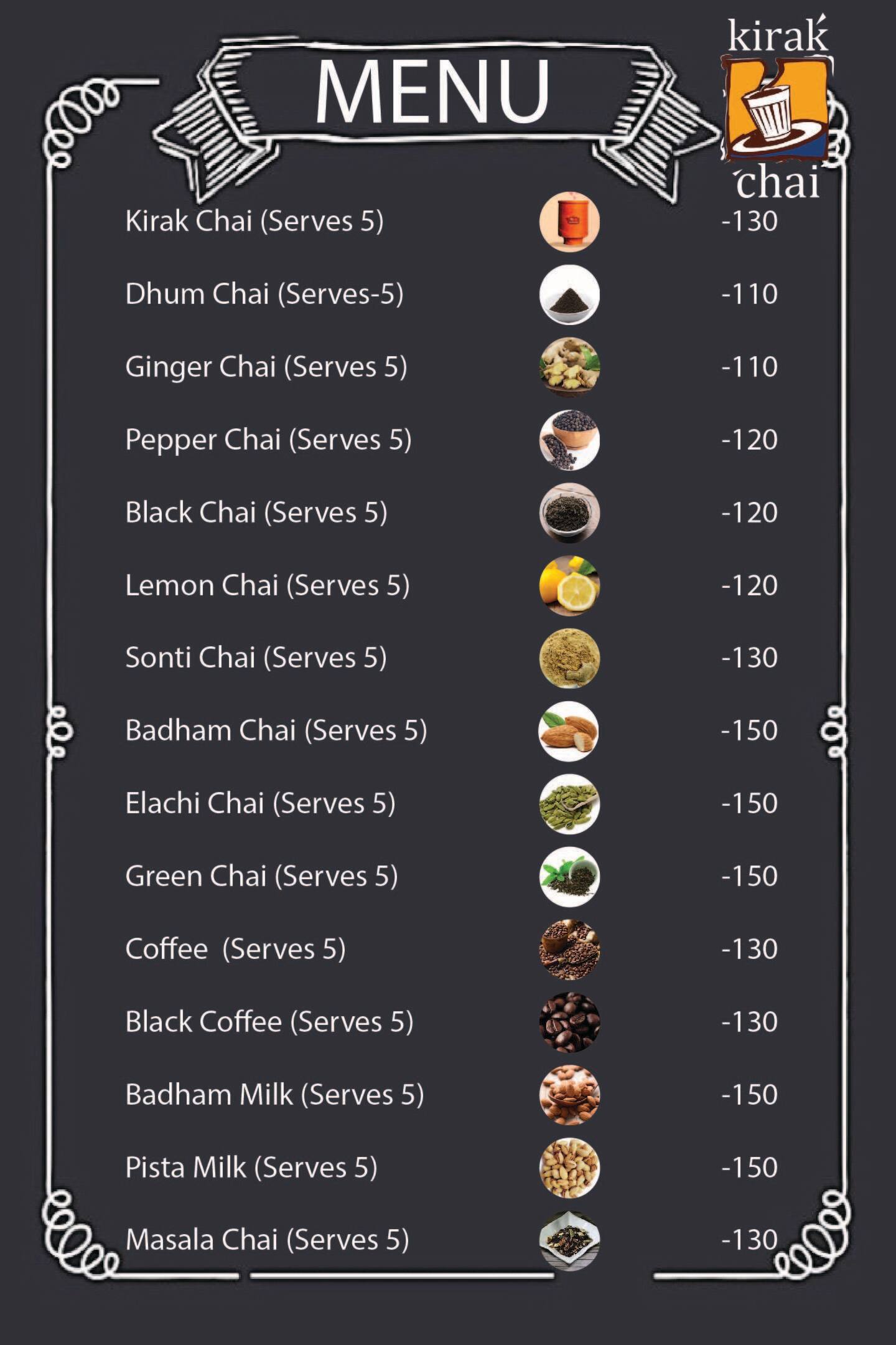 Menu at Kirak chai, Hyderabad