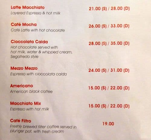 Carta del pub y bar Segafredo Zanetti Espresso, Dubai, +29J - King ...
