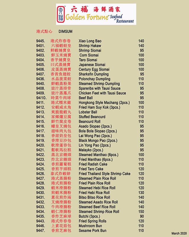 Menu at Golden Fortune, Pasay