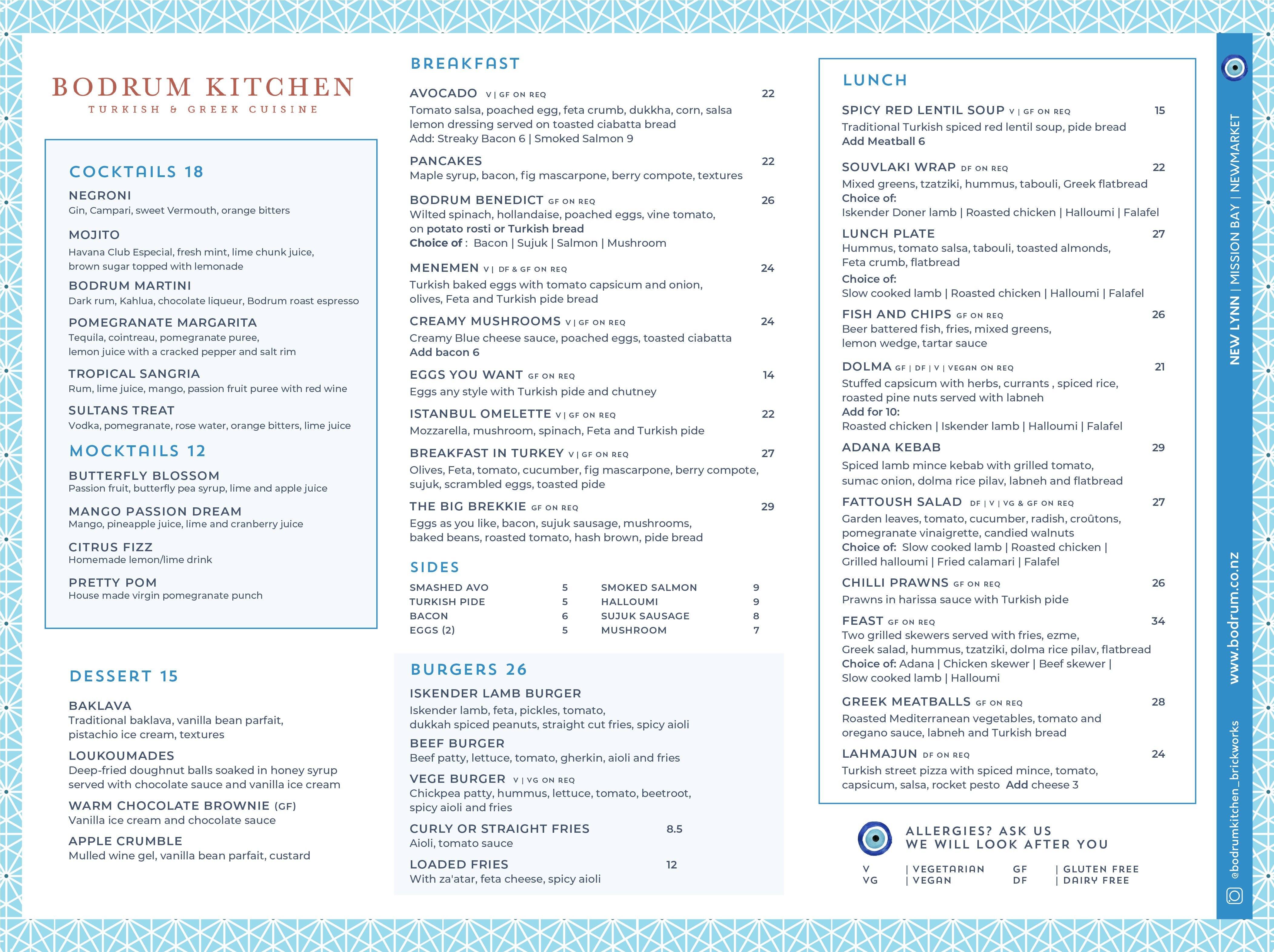 Menu at Bodrum Kitchen restaurant, Auckland, t111/3058 Great N Rd