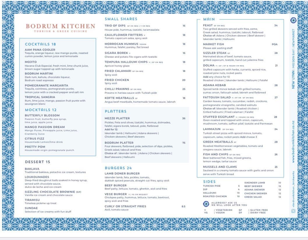 Menu at Bodrum Kitchen restaurant, Auckland, t111/3058 Great N Rd
