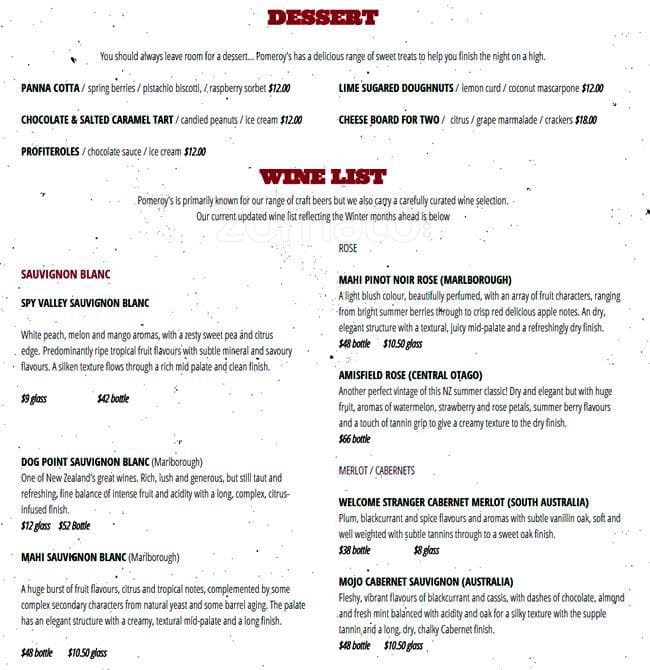 Menu at Pomeroy's Old Brewery Inn pub & bar, Christchurch