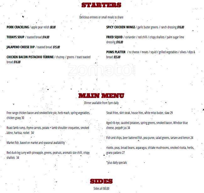 Menu at Pomeroy's Old Brewery Inn pub & bar, Christchurch