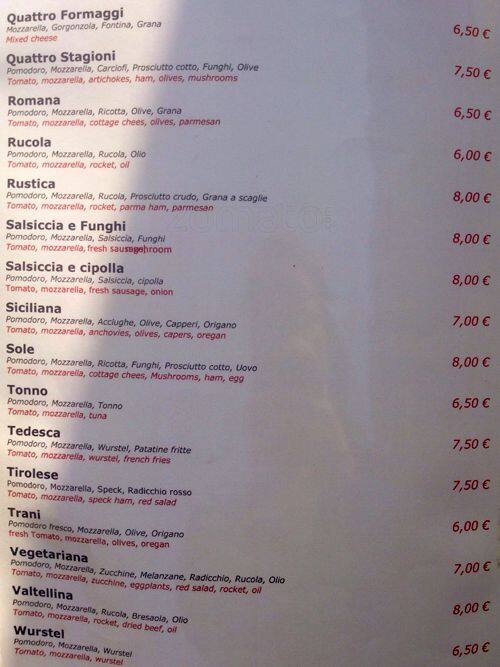 Menu at Luna Rossa pizzeria, Milan, Via Broletto