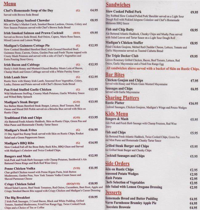 Menu at Mooney's Bar & Restaurant, Dublin, 4 Abbey Street Lower